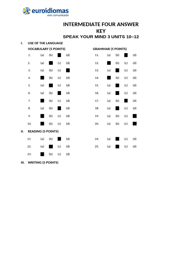 Intermediate Language Assessment Key | PDF