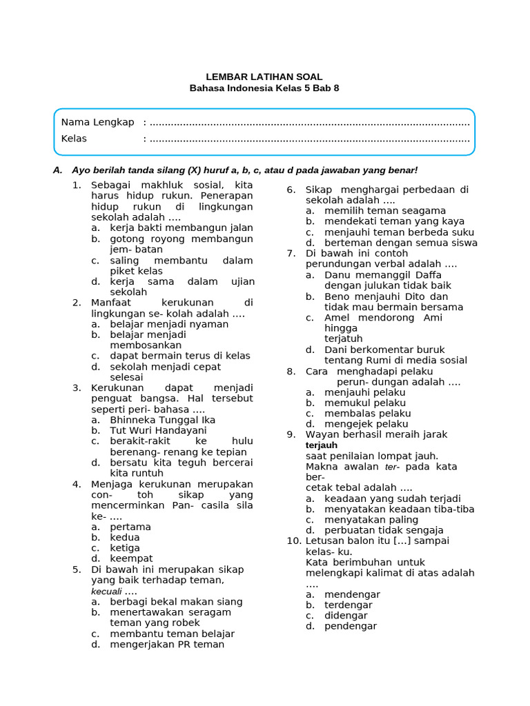 B. Indonesia 5 - Latihan Soal - Bab 8 | PDF