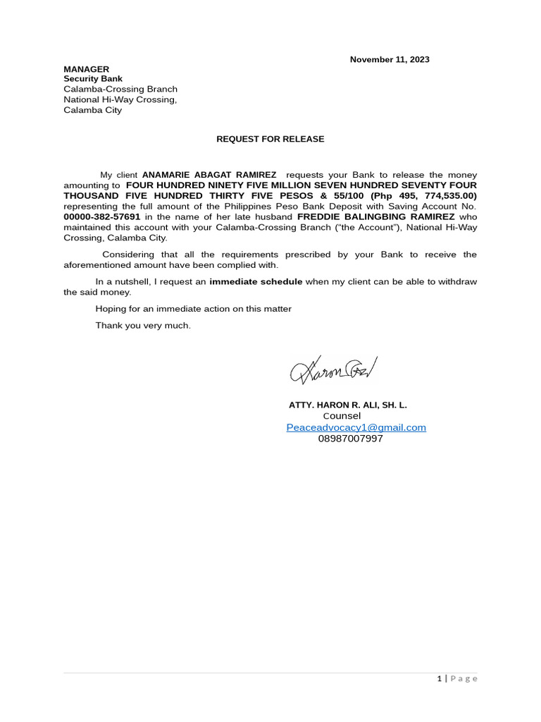 Request for Bank Deposit Release | PDF