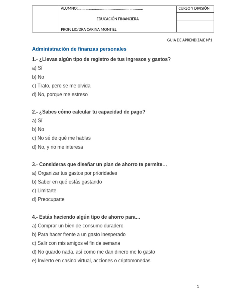 Test de Educación Financiera 3° | PDF | Dinero | Economias