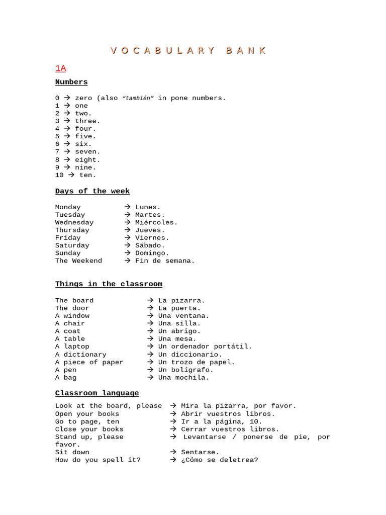Banco de Vocabulario en Clase | PDF