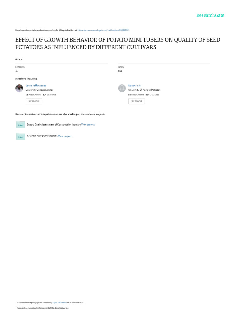 Effect of Growth Behavior of Potato Mini Tubers On | PDF | Potato | Seed