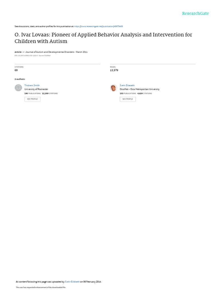 O Ivar Lovaas Pioneer of Applied Behavior Analysis | PDF | Autism ...