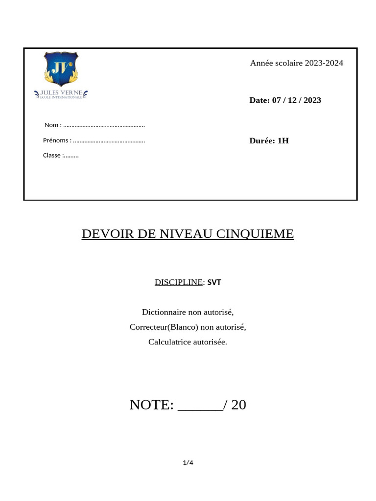 Devoir de Niveau 5e | PDF