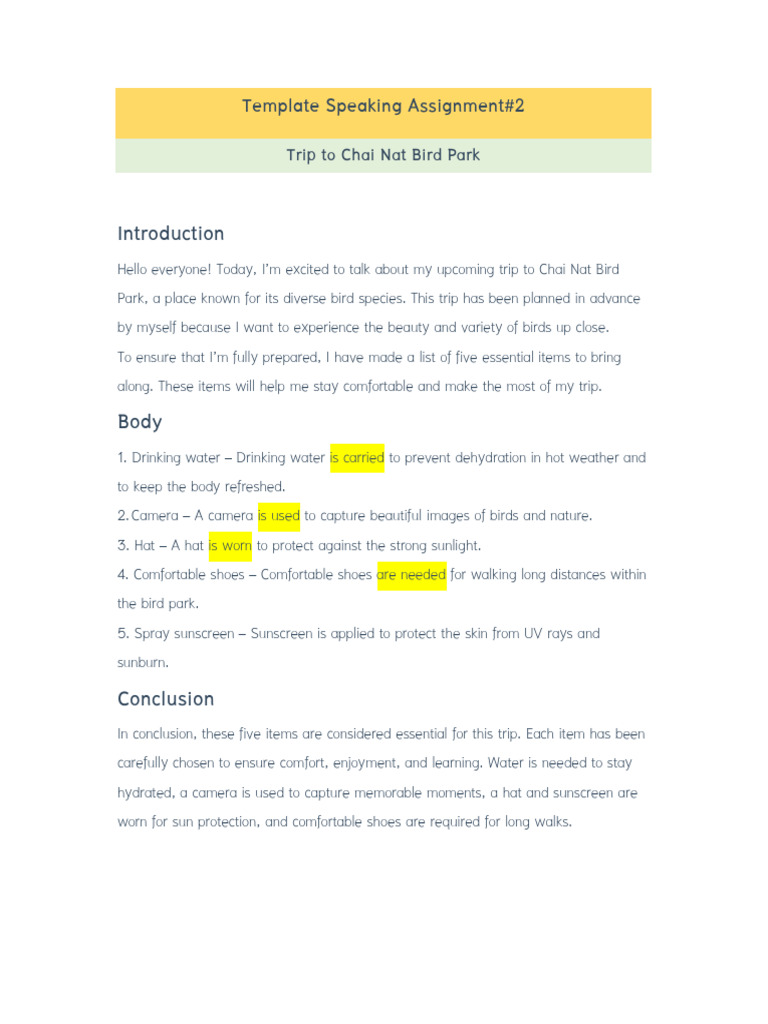 Template Speaking Assignment#2: Trip To Chai Nat Bird Park | PDF