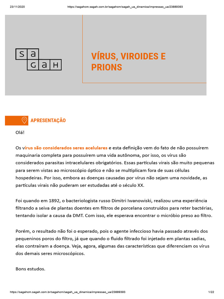 Apostila Vírus, Viróide e Prion | PDF | Vírus | Célula (Biologia)