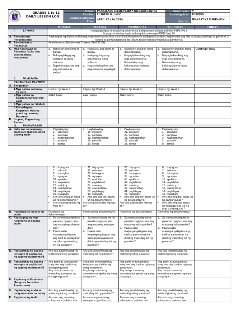 DLL_FILIPINO 5_Q4_W4 | PDF