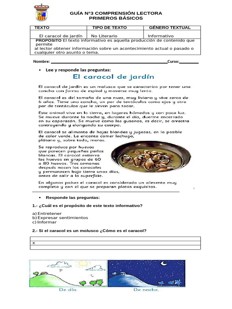 Guía de Comprensión Lectora: Caracol | PDF