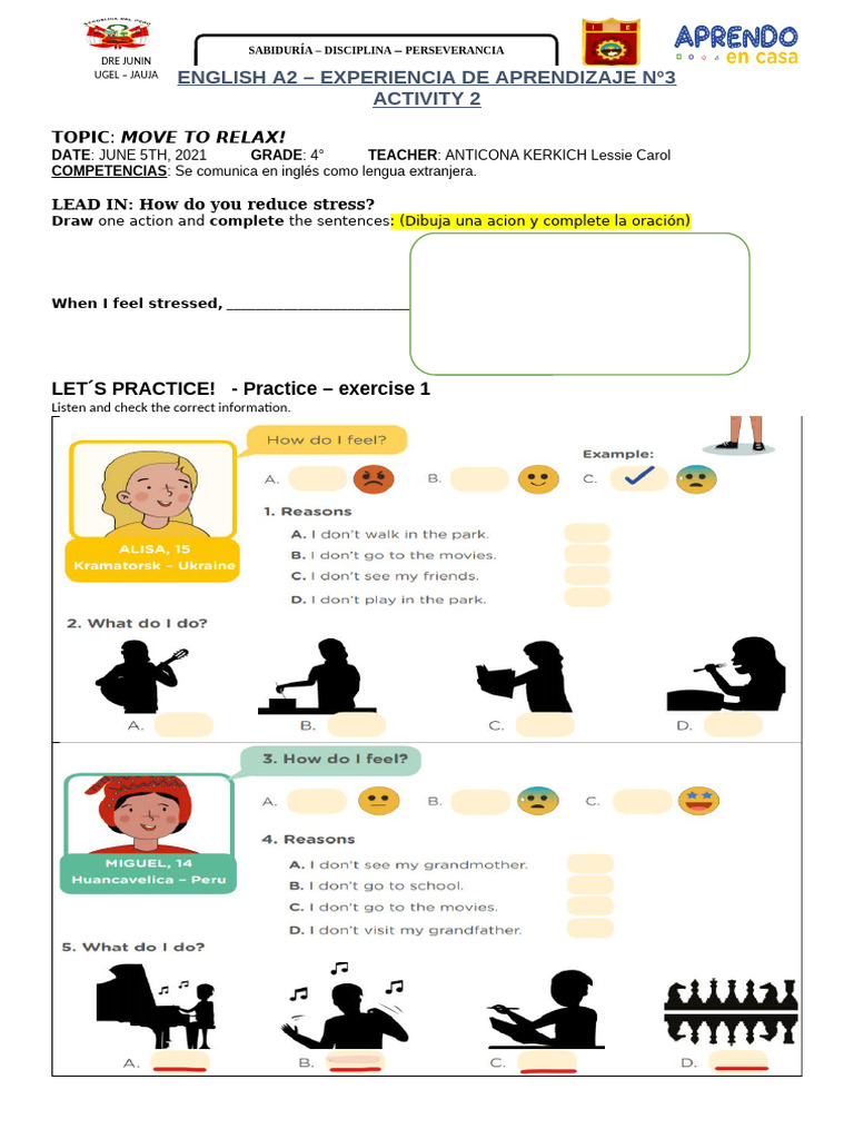 Actividades de Inglés A2: Relajación y Práctica | PDF