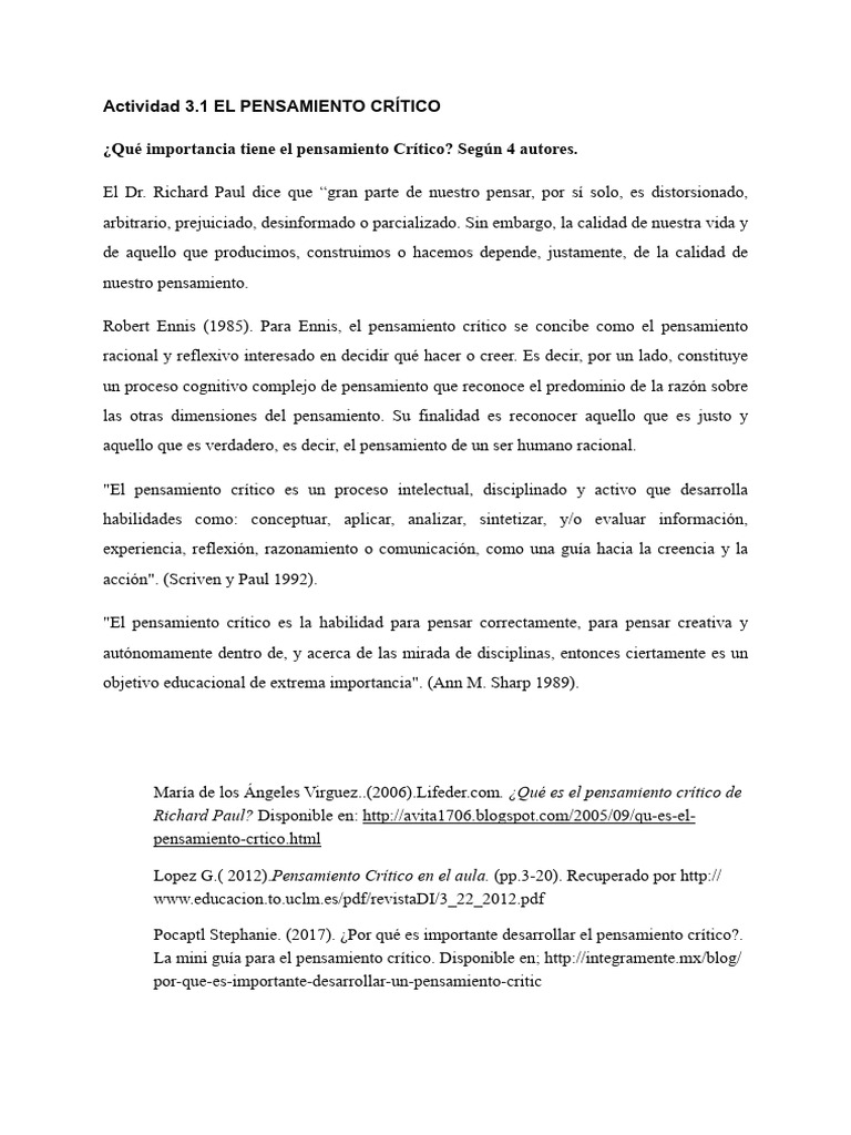 Importancia del Pensamiento Crítico | PDF | Pensamiento crítico ...