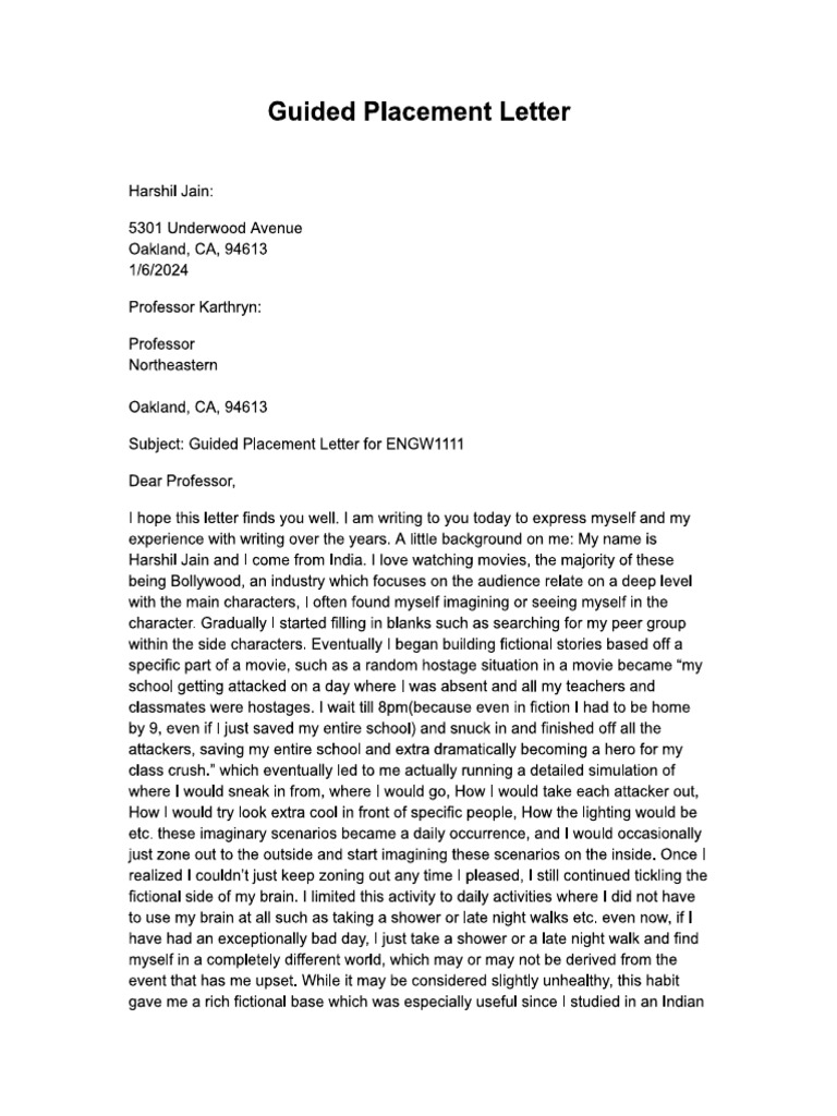 Guided Placement Letter- Harshil Jain ENGW1111 2024 Northeastern | PDF