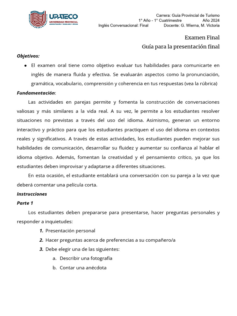 Guía para Examen Final Oral - CONVERSATION | PDF