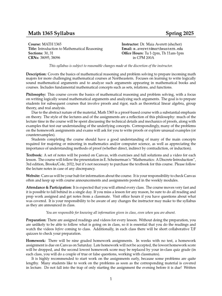 Math 1365 Syllabus: Spring 2025 | PDF | Mathematics | Mathematical Proof