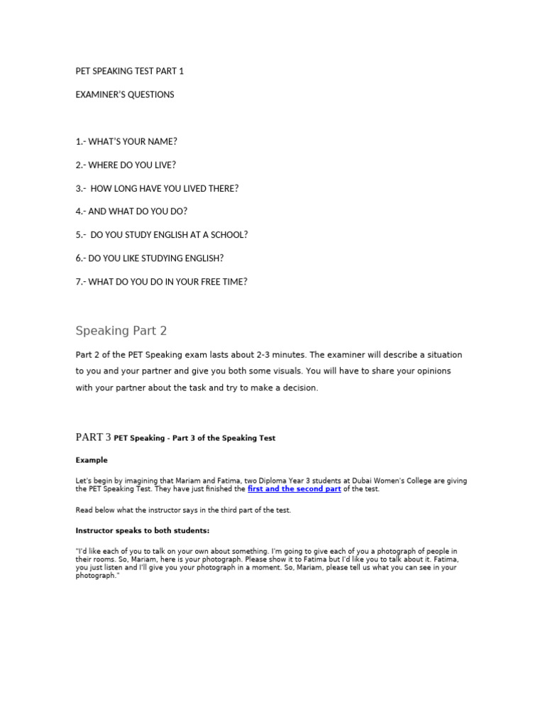 PET Speaking Test Overview and Tips | PDF