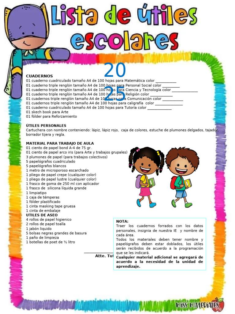 Lista de Útiles | PDF | Cuaderno | Papel