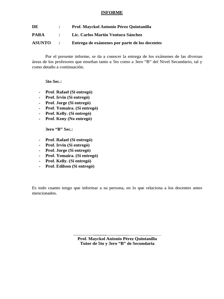 Informe Entrega de Examenes | PDF
