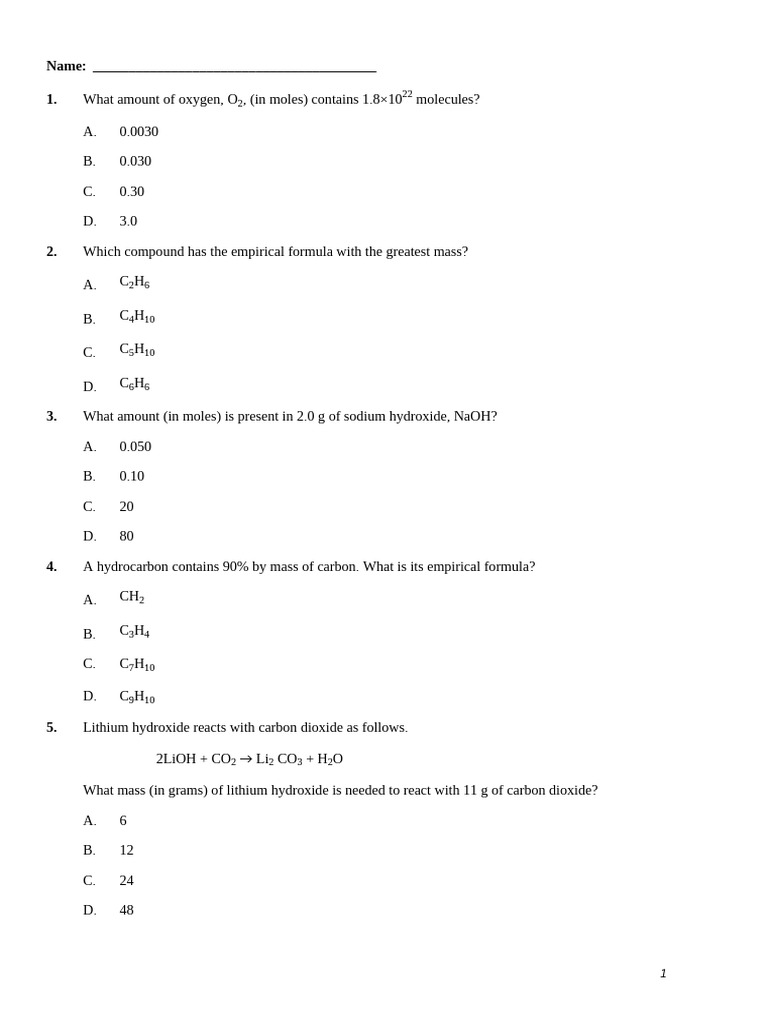 M2 Quantative Chemistry MC Quiz Part I | PDF | Mole (Unit) | Hydroxide
