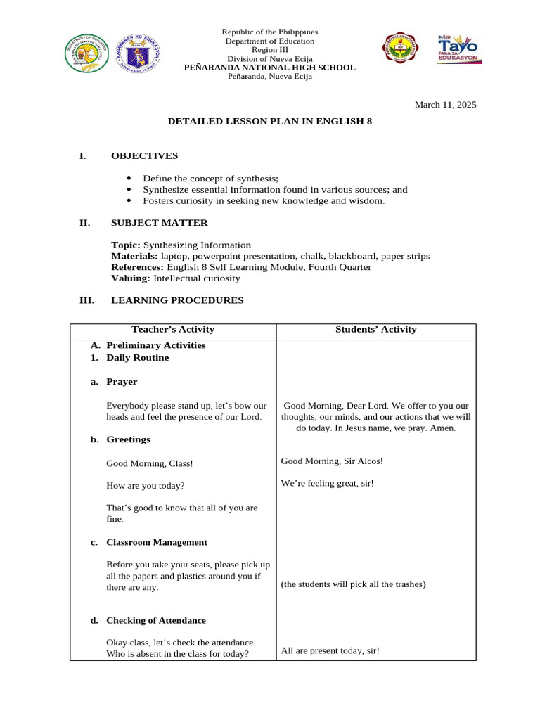 English 8 Lesson Plan: Synthesizing Info | PDF | Bullying | Knowledge