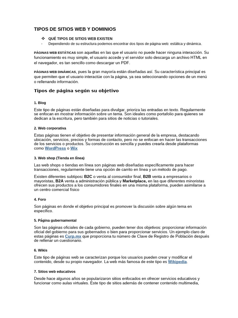 Tipos de Sitios Web y sus Funciones | PDF | Red mundial | Internet y web