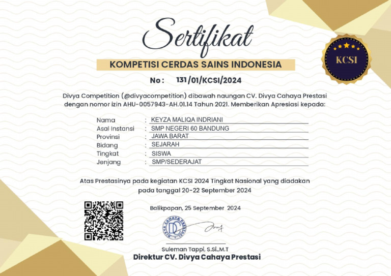 SERTIFIKAT SMP KCSI 2024 --NAMA | PDF
