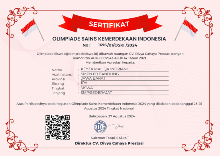 Sertifikat SMP Oski 2024 Keyza Maliqa Indriani | PDF
