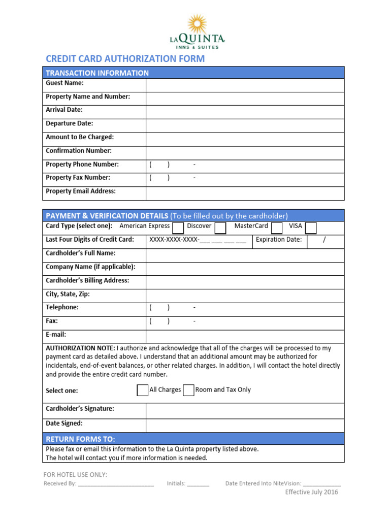 Hotel Credit Card Authorization Form | PDF | Personal Finance ...
