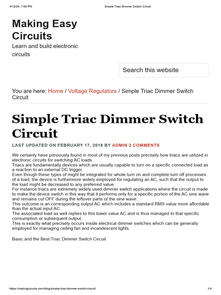 Simple Triac Dimmer Switch Circuit | PDF | Alternating Current | Switch