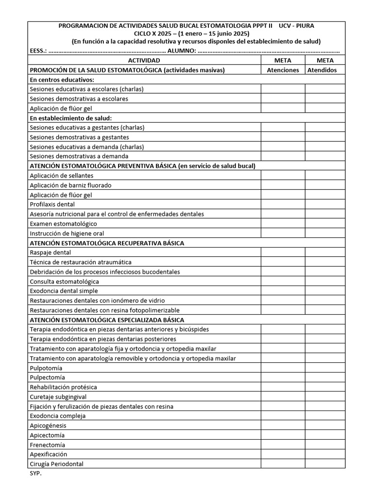 0 Programacion Actividades Salud Bucal PPPT Ii - 2025-1 | PDF