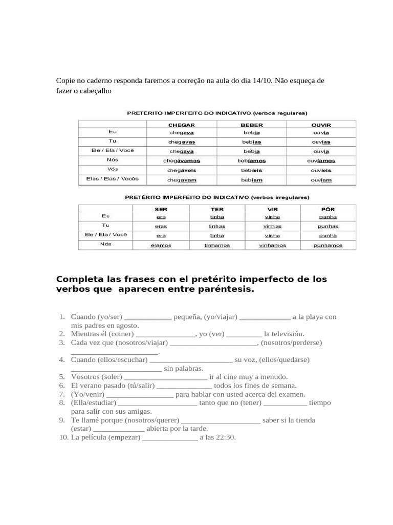 Ejercicios de pretérito imperfecto | PDF