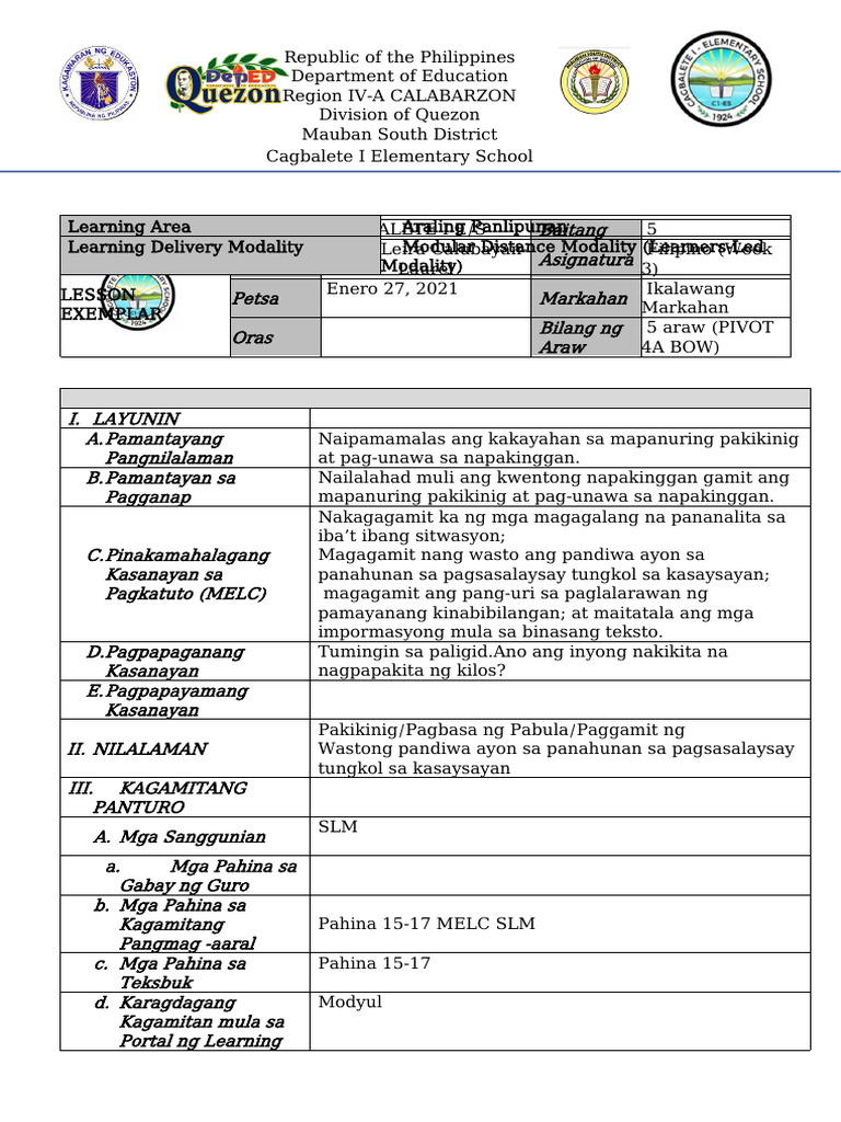 L E-Filipino 5-Cot-Q2-Maria Leira C Laurel | PDF