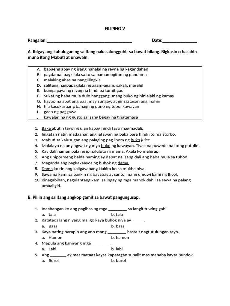 FILIPINO V Activity | PDF