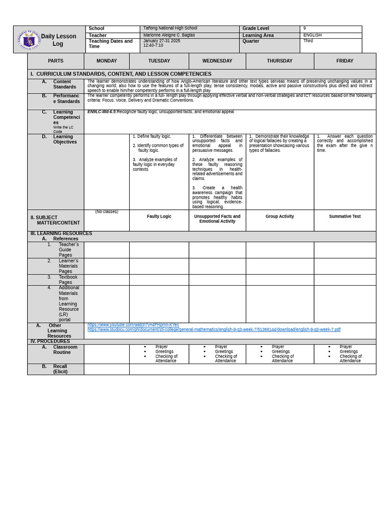Eng 9-3rd-Wk3-Jan 27-31-25 | PDF | Fallacy | Learning