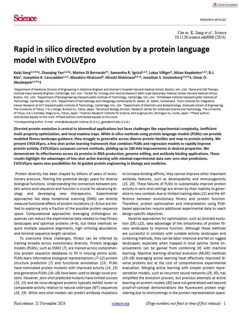 Rapid In Silico Protein Evolution with EVOLVEpro | PDF | Mutation | Proteins