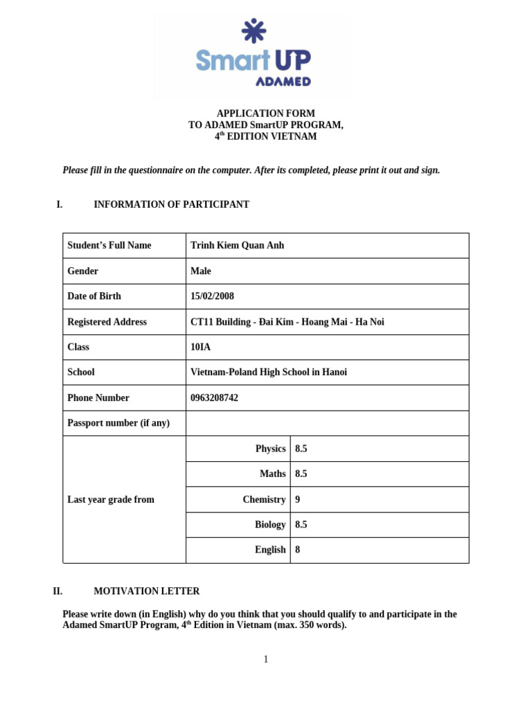 Adamed - Application Form - ASU 4 Edition VN EN | PDF | Learning ...
