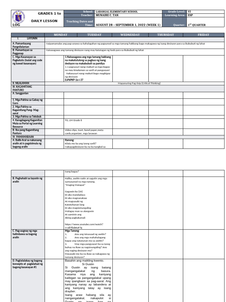 DLL_ESP 6_Q1_W1 2023 | PDF