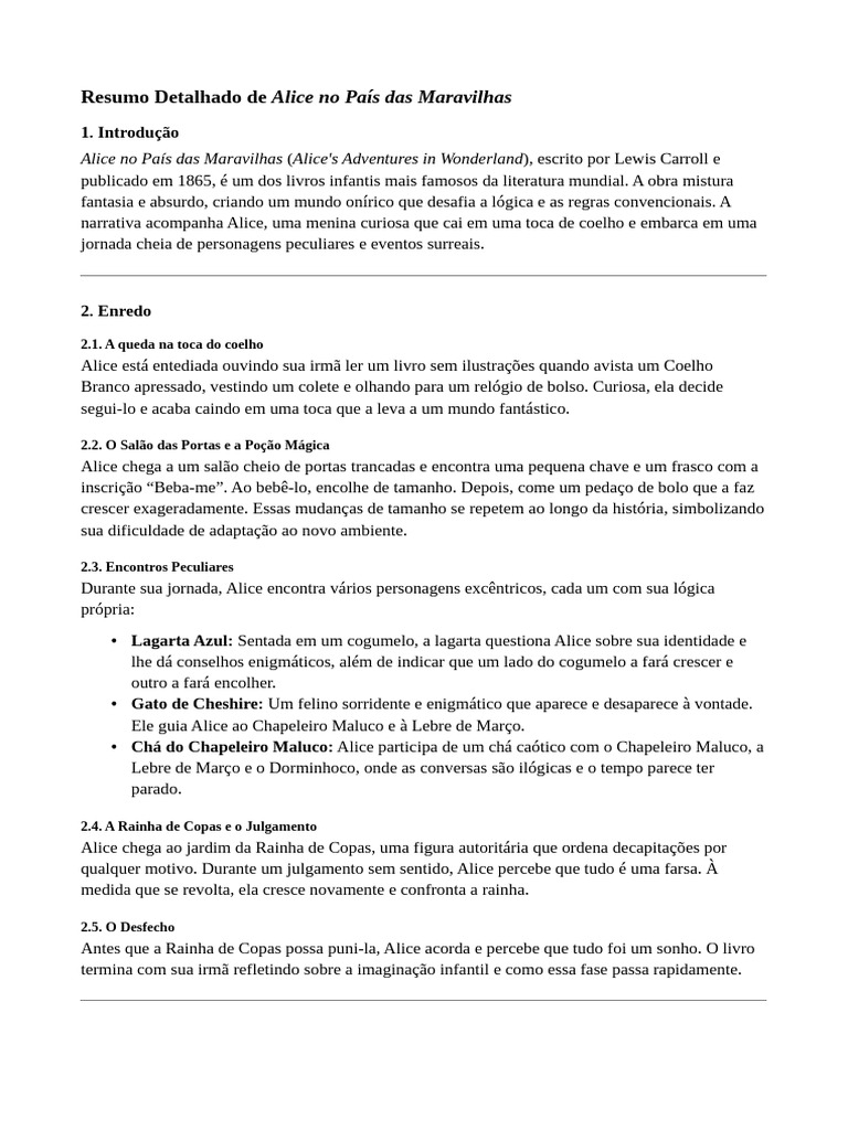 Resumo Detalhado de Alice No País Das Maravilhas | PDF | Alice no País das Maravilhas | Lewis ...
