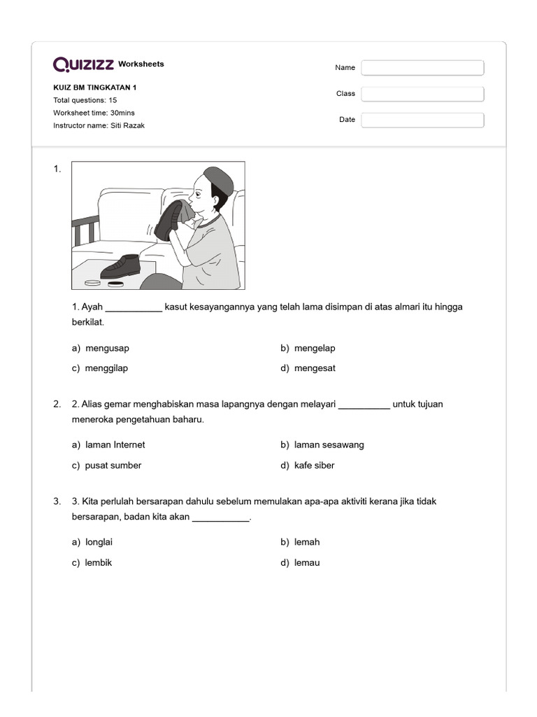KUIZ BM TINGKATAN 1 - Quizizz | PDF