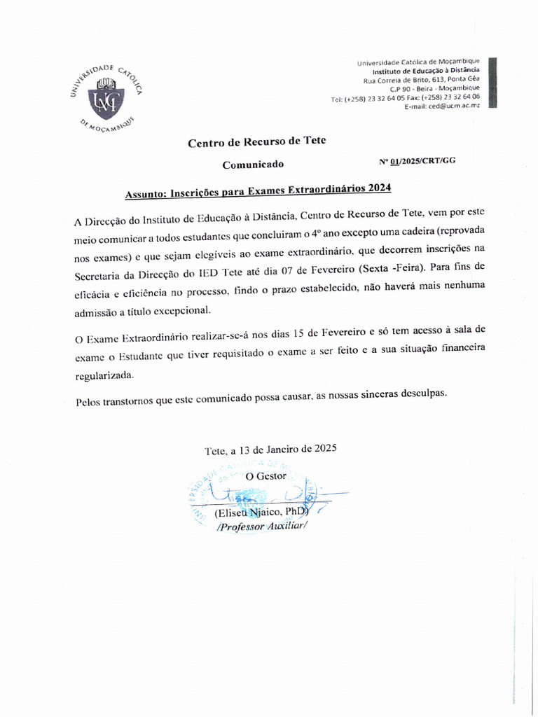 Comunicado 01 (Exame Extraordinário) | PDF