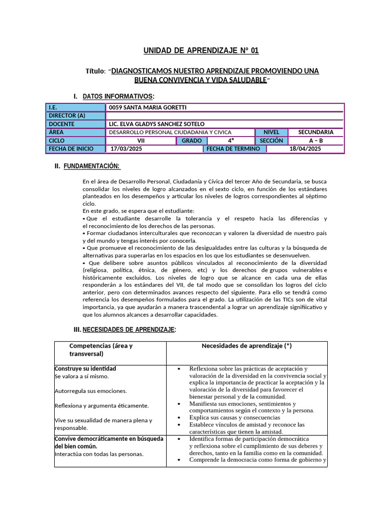 UNIDAD 1 (4° Grado) - DPCC - 2025 | PDF | Aprendizaje | Democracia