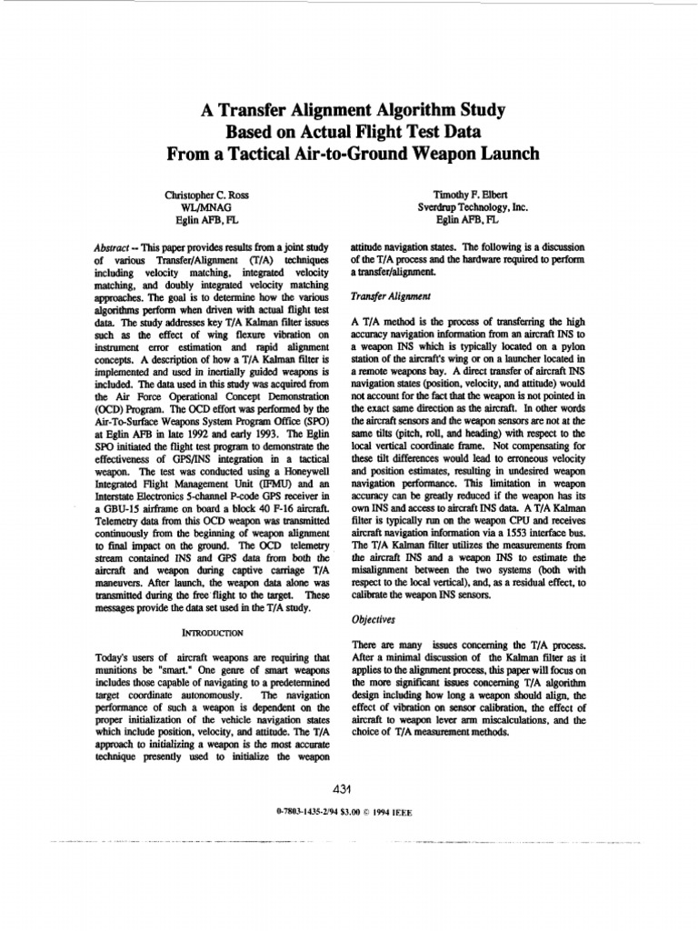 A Transfer Alignment Algorithm Study Based On Actual Flight Test Data ...