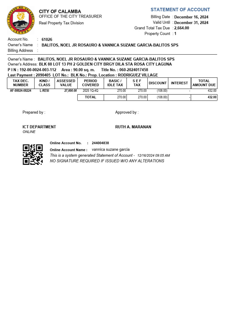 Real Property Tax Statement 2024 | PDF | Taxes | Government Finances
