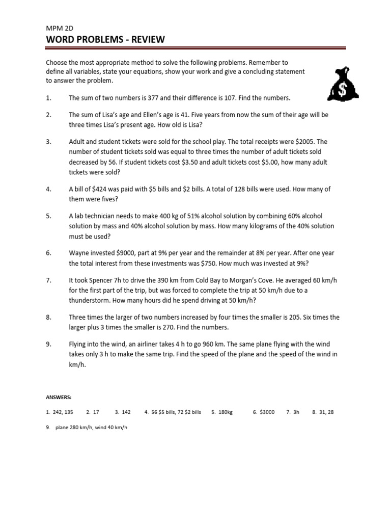 2D Word Problems Review Guide | PDF