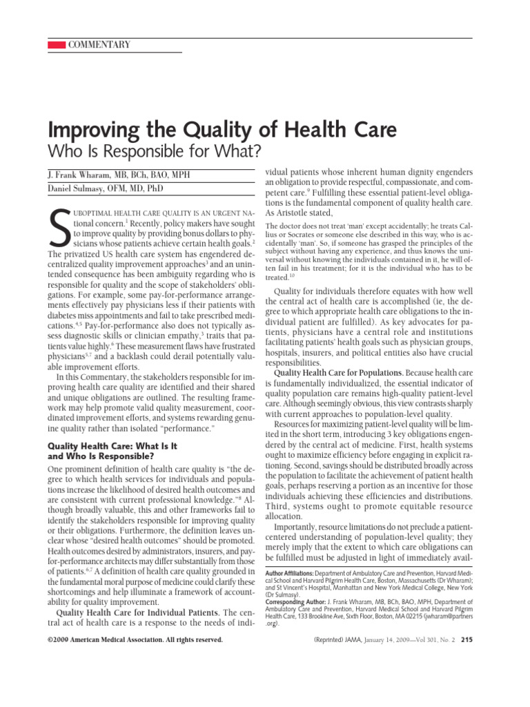Improving The Quality of Health Care - Who Is Responsible For What ...