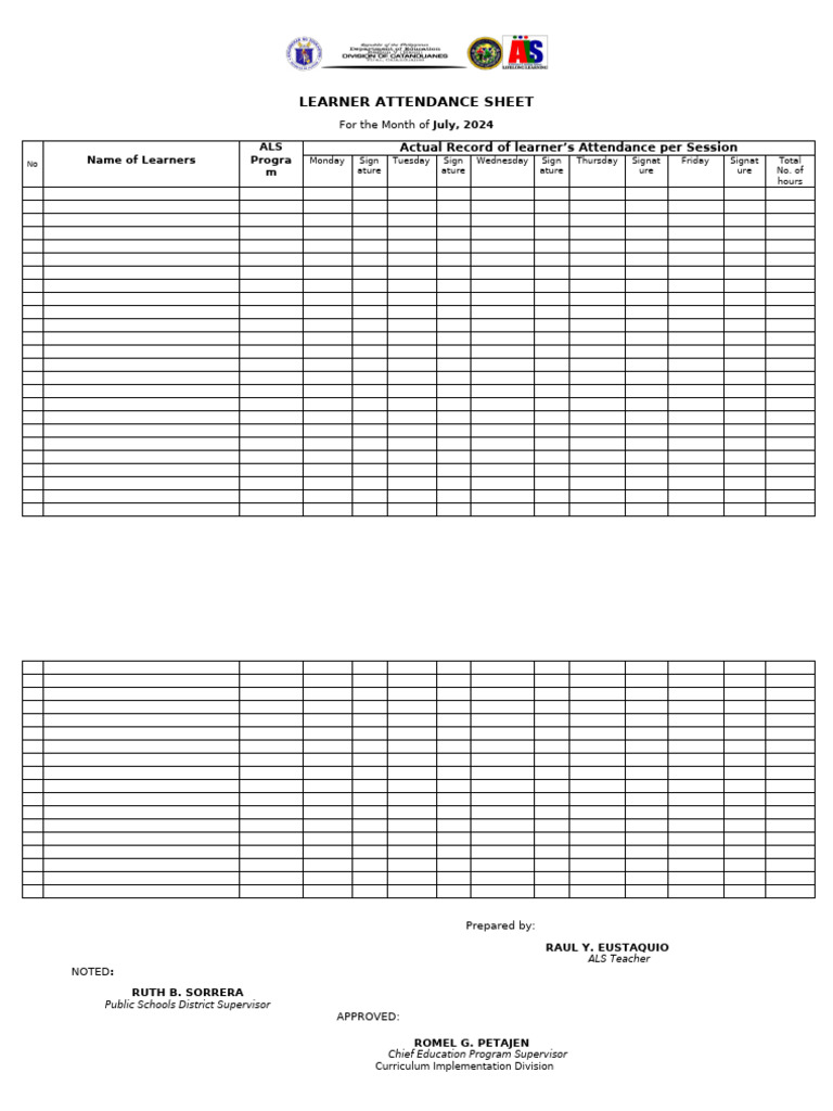 Learner Attendance Sheet | PDF