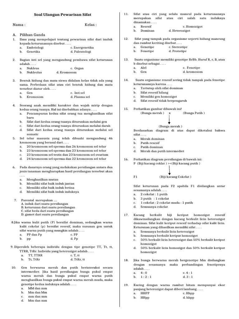 Soal Ulangan Pewarisan Sifat 2023 | PDF