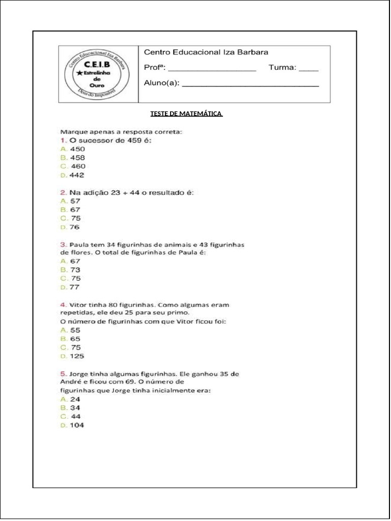 TESTE DE MATEMÁTICA 1b | PDF