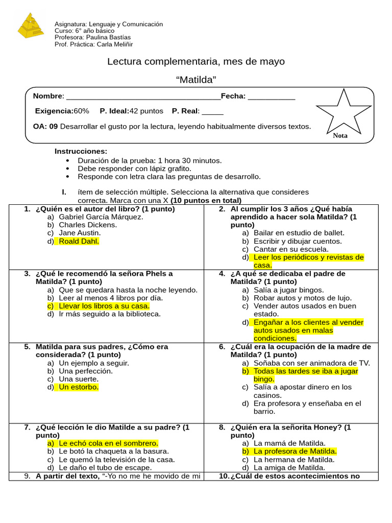 Prueba Matilda 6° Básico So | PDF