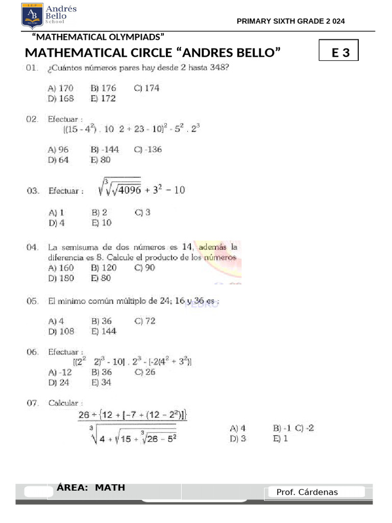 6TO G MATH C´RCULO MATEMATICO A B FICHA E 3 | PDF