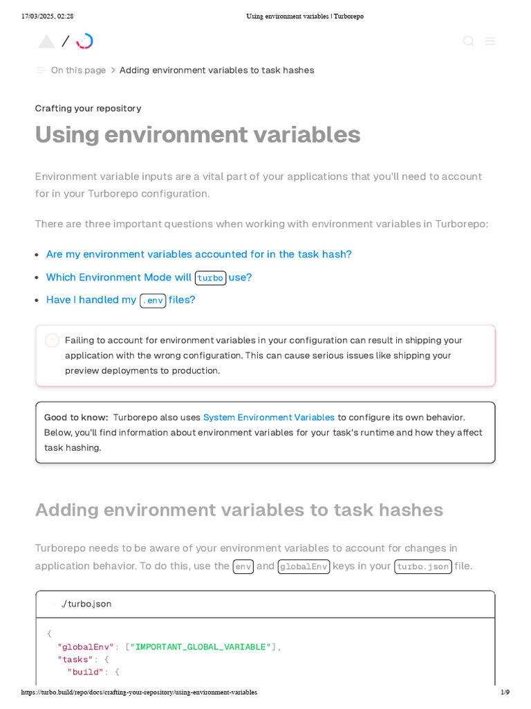 Using Environment Variables - Turborepo | PDF | Cache (Computing) | Runtime System