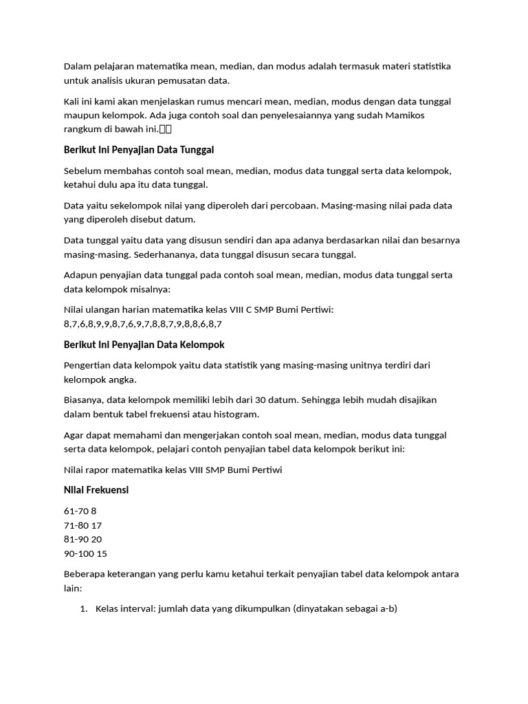 Rumus Mean, Median, Modus Data Tunggal dan Kelompok | PDF